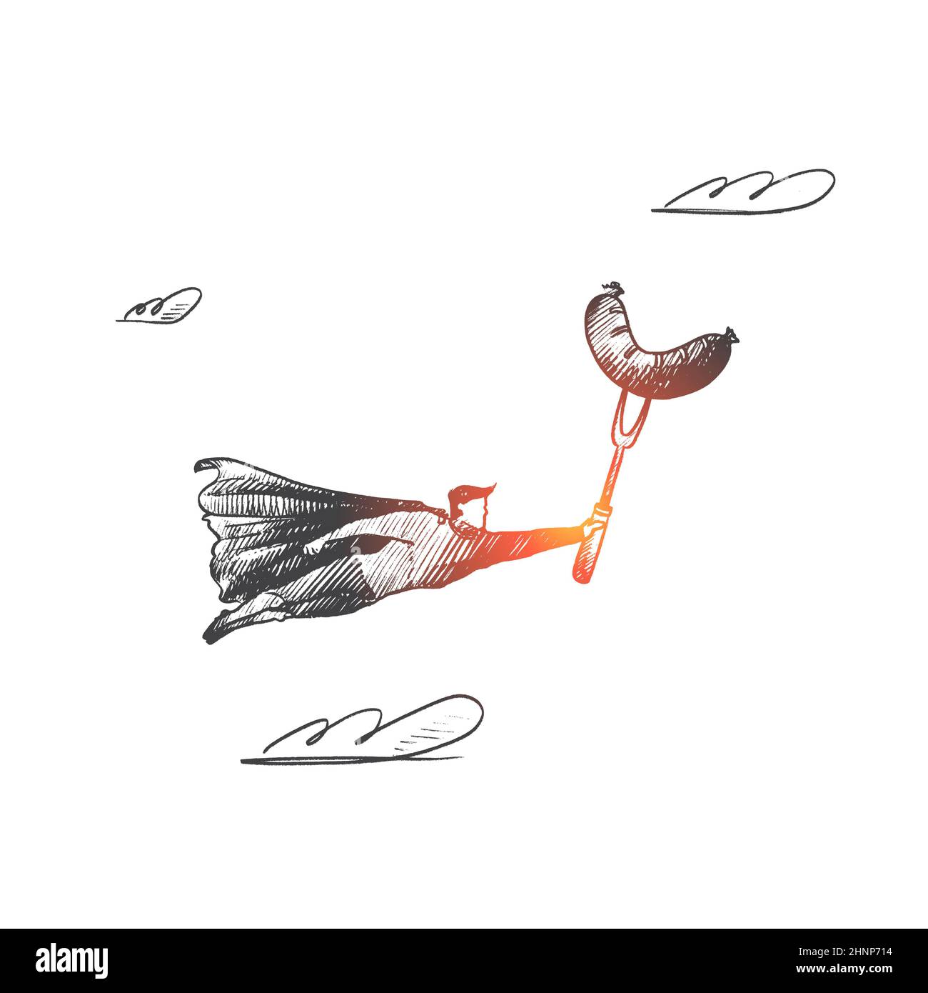 Barbecue party concept. Hand drawn superhero with sausage on fork ...