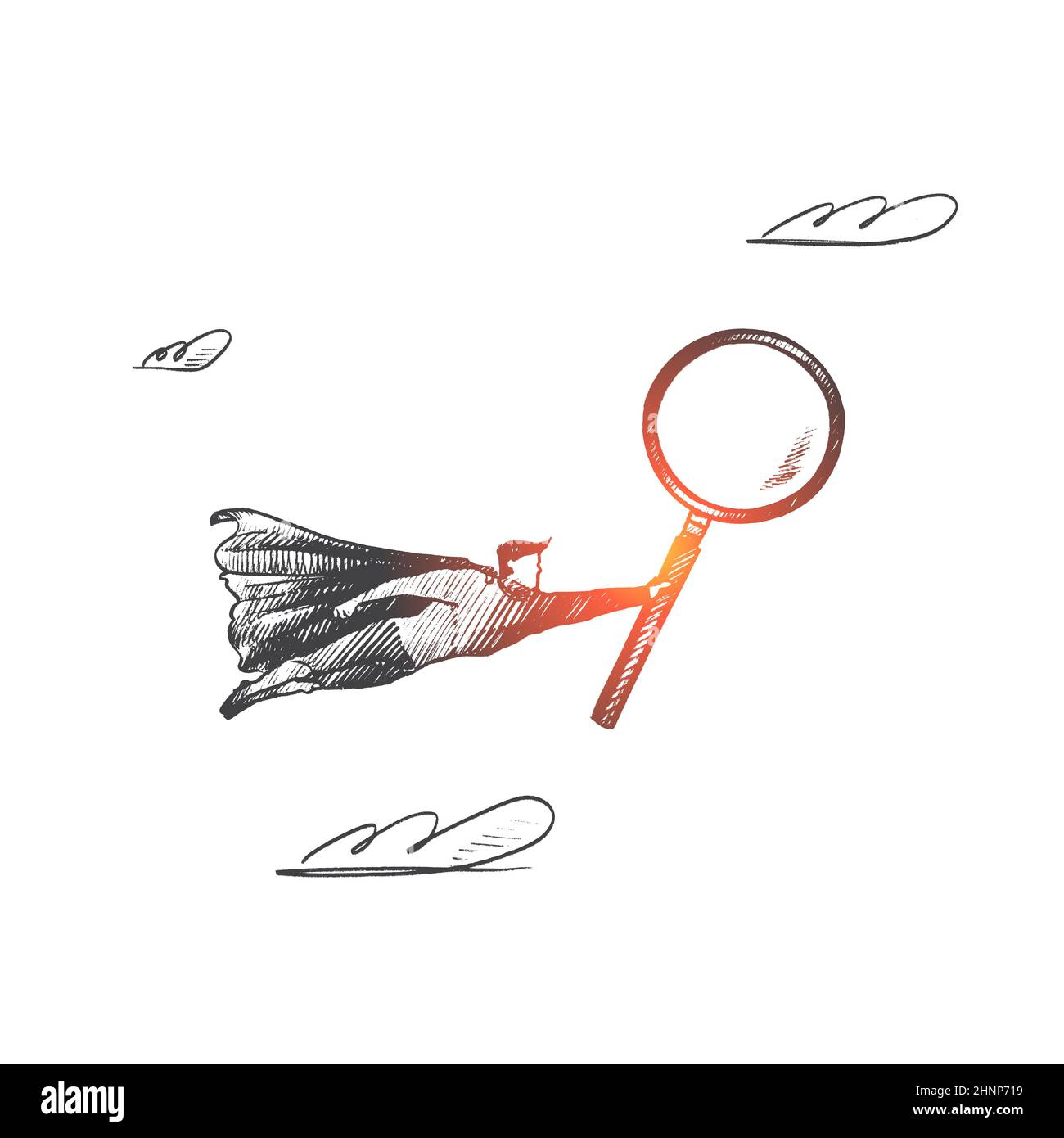 Audit concept. Hand drawn superhero with magnifying glass in hand ...