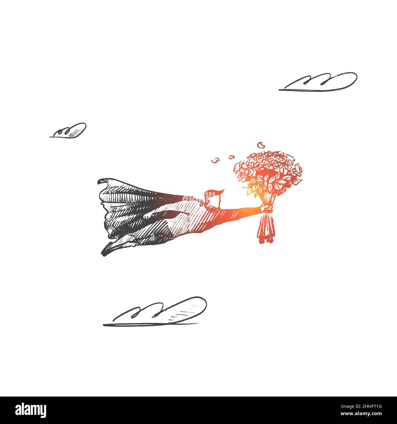 Bouquet of flowers concept. Hand drawn superhero with big flower ...