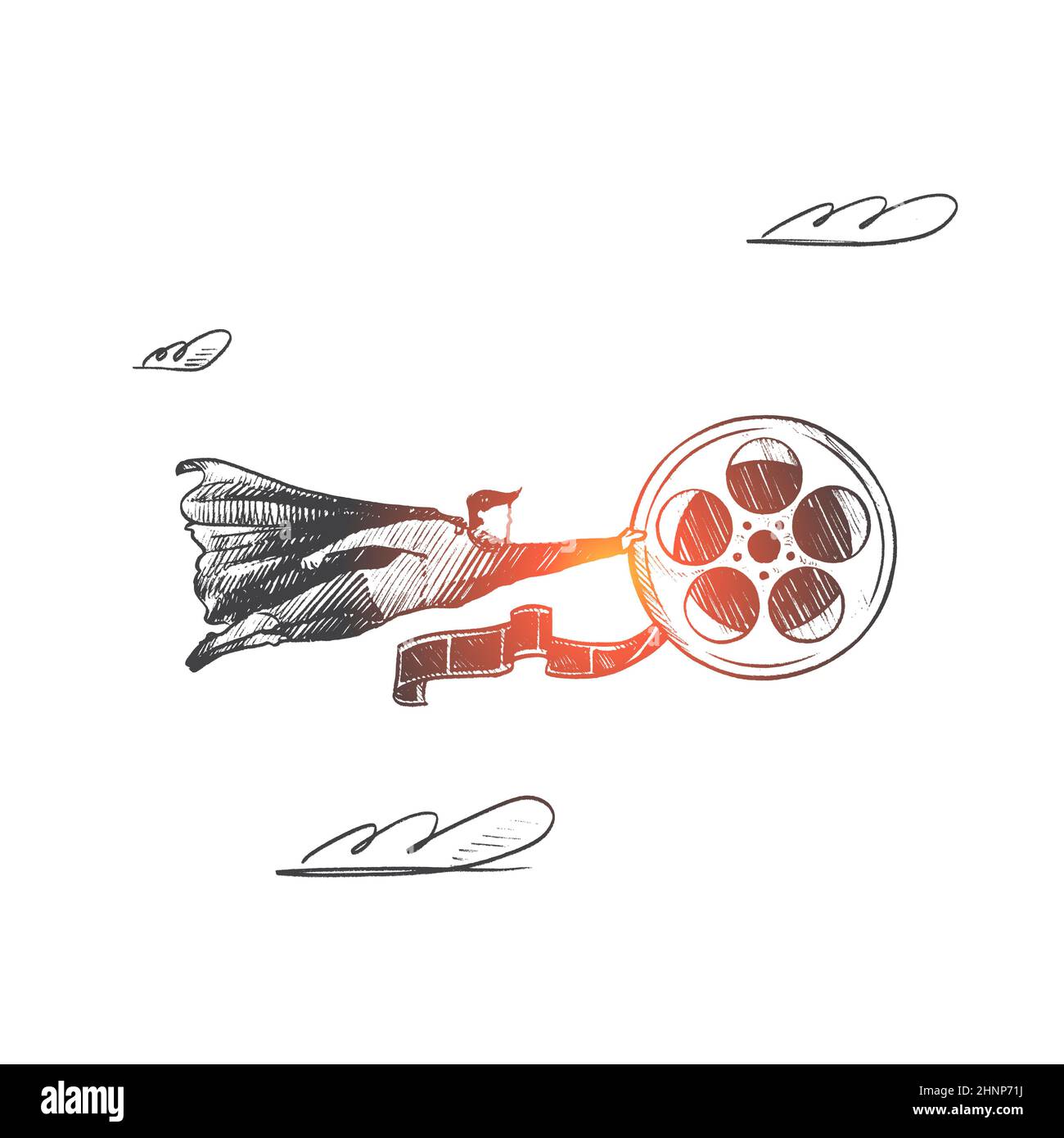 Cinema concept. Hand drawn superhero with big film reel in his hand ...
