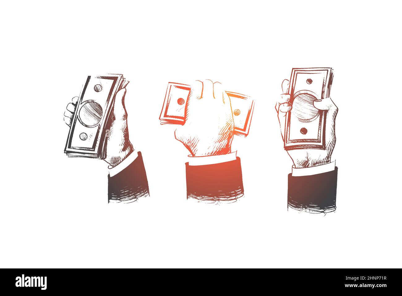 Cash concept. Hand drawn hands of persons full of money. A lot of ...