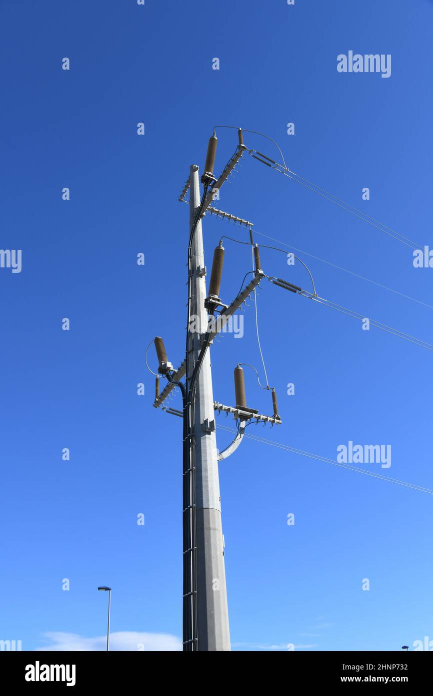 High voltage pylon with overhead lines in Spain Stock Photo - Alamy
