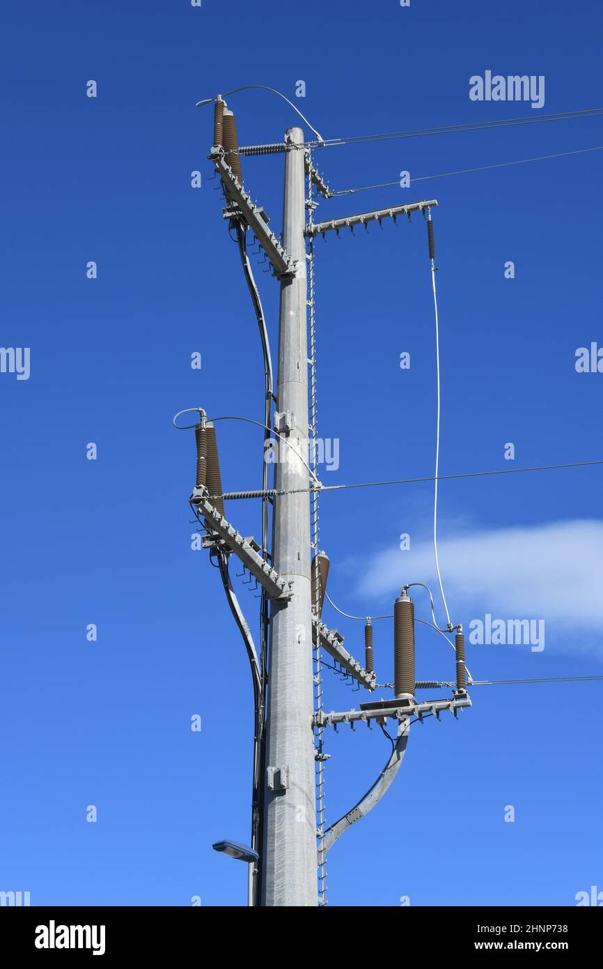 High voltage pylon with overhead lines in Spain Stock Photo - Alamy