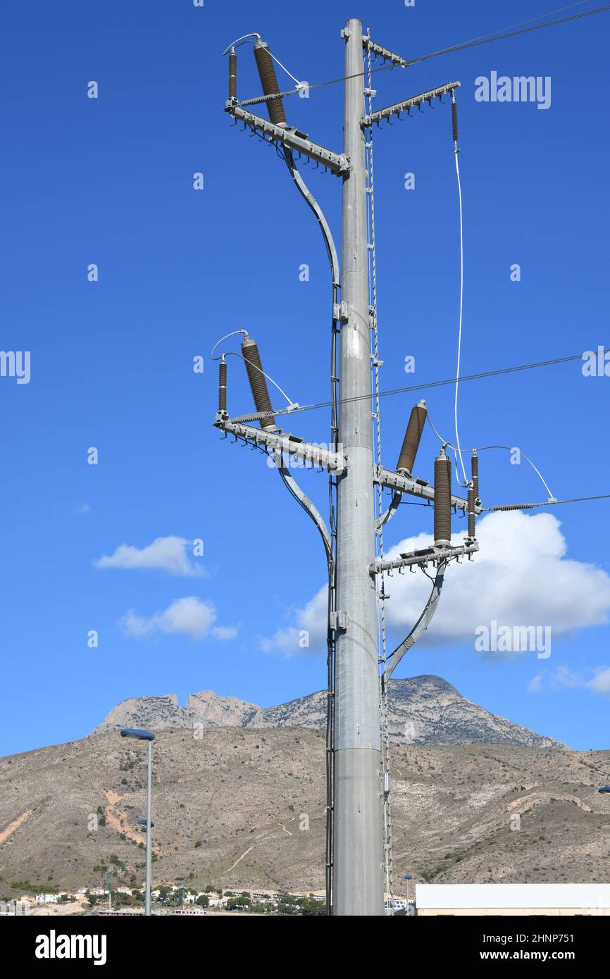High voltage pylon with overhead lines in Spain Stock Photo - Alamy