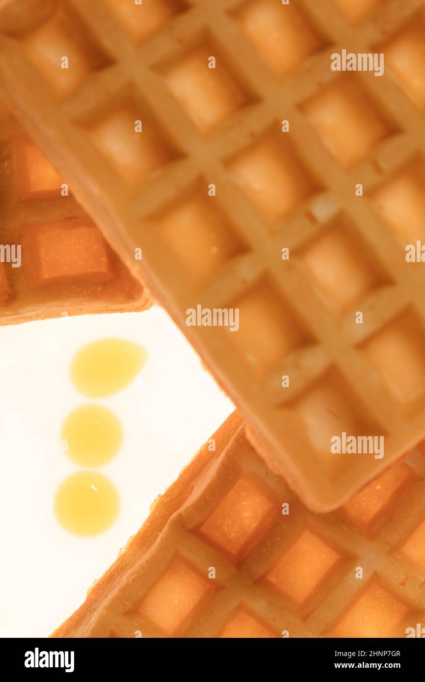 Waffle and maple syrup, close up food representation Stock Photo - Alamy