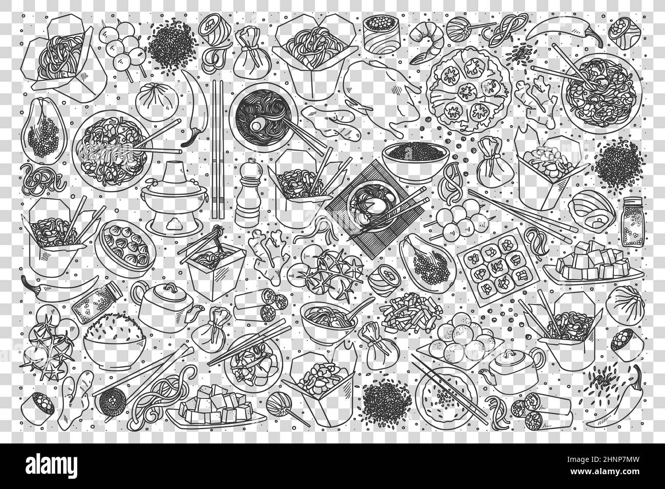 Chinese food doodle set. Collection of chalk pencil hand drawn sketches ...