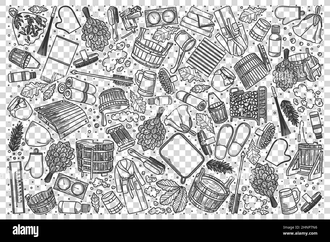 Bathhouse doodle set. Collection of chalk pencil hand drawn sketches ...