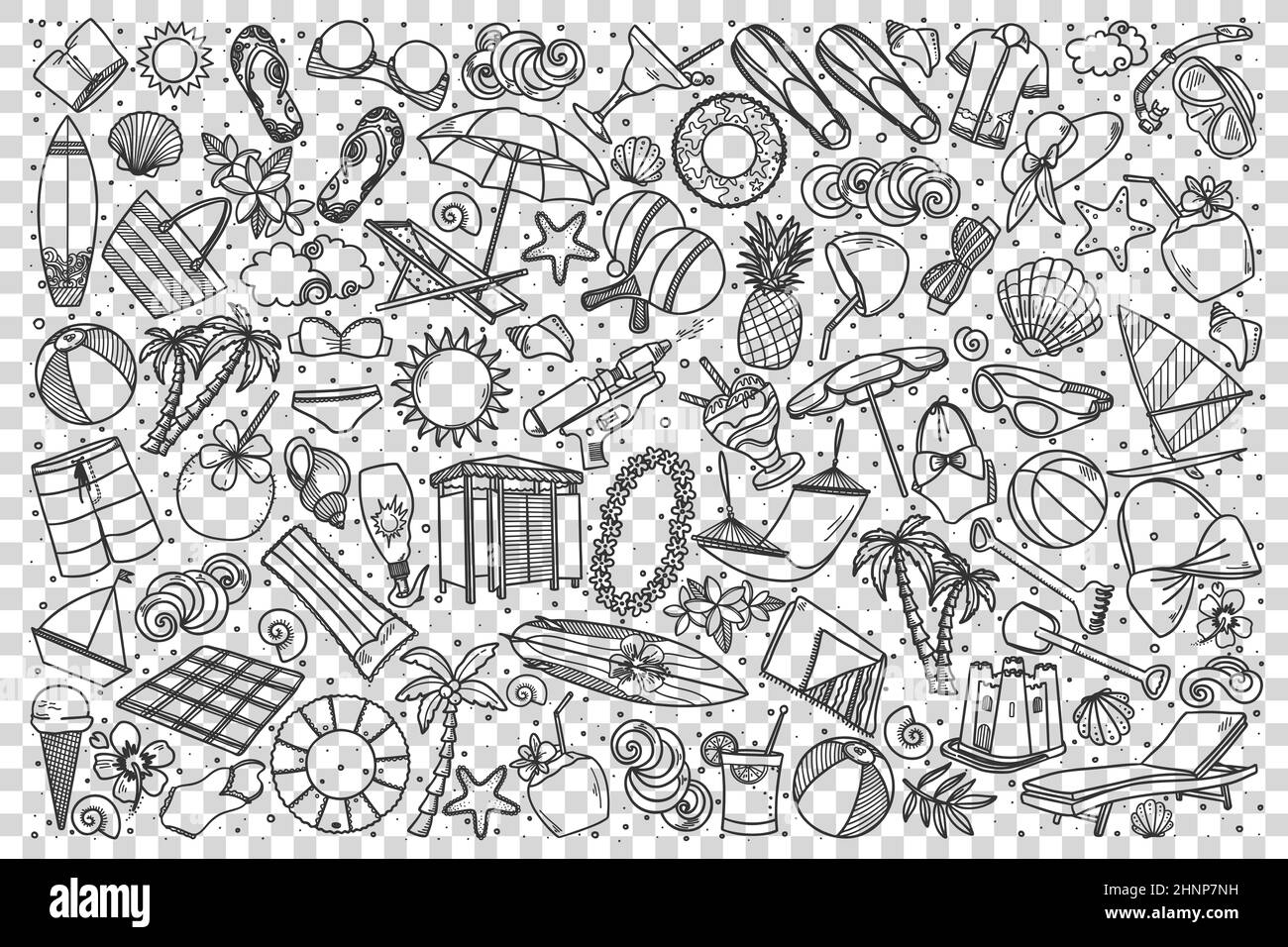 Beach doodle set. Collection of hand drawn sketches templates of ...