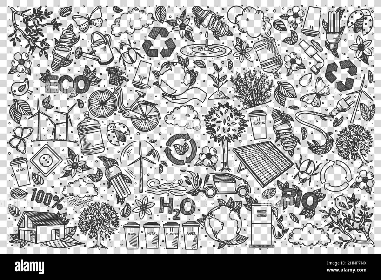 Ecology doodle set. Collection of hand drawn sketches templates ...