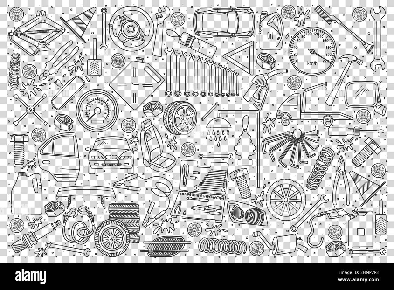 Car service doodle set. Collection of hand drawn sketches templates of ...