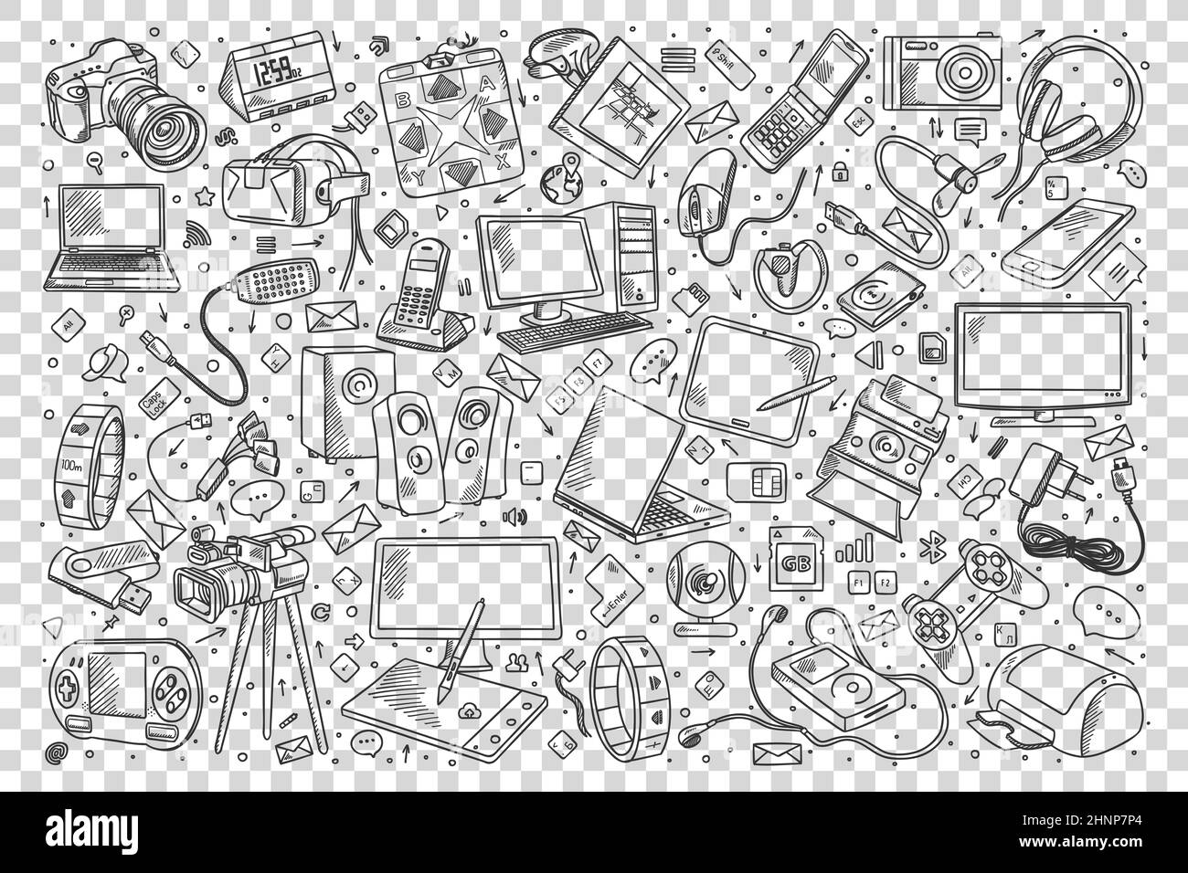 Gadgets Doodle Set Collection Of Hand Drawn Sketches Templates Of Different Devices Computers