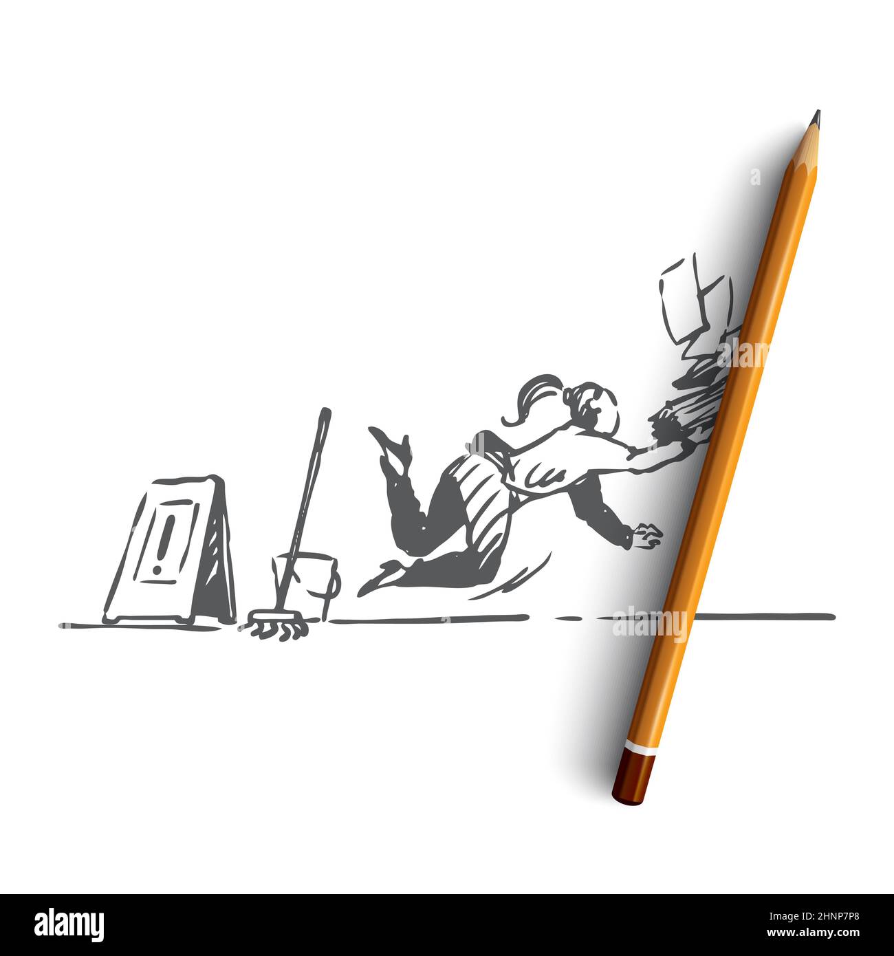 Floor, wet, caution, woman, slippery concept. Hand drawn female office ...