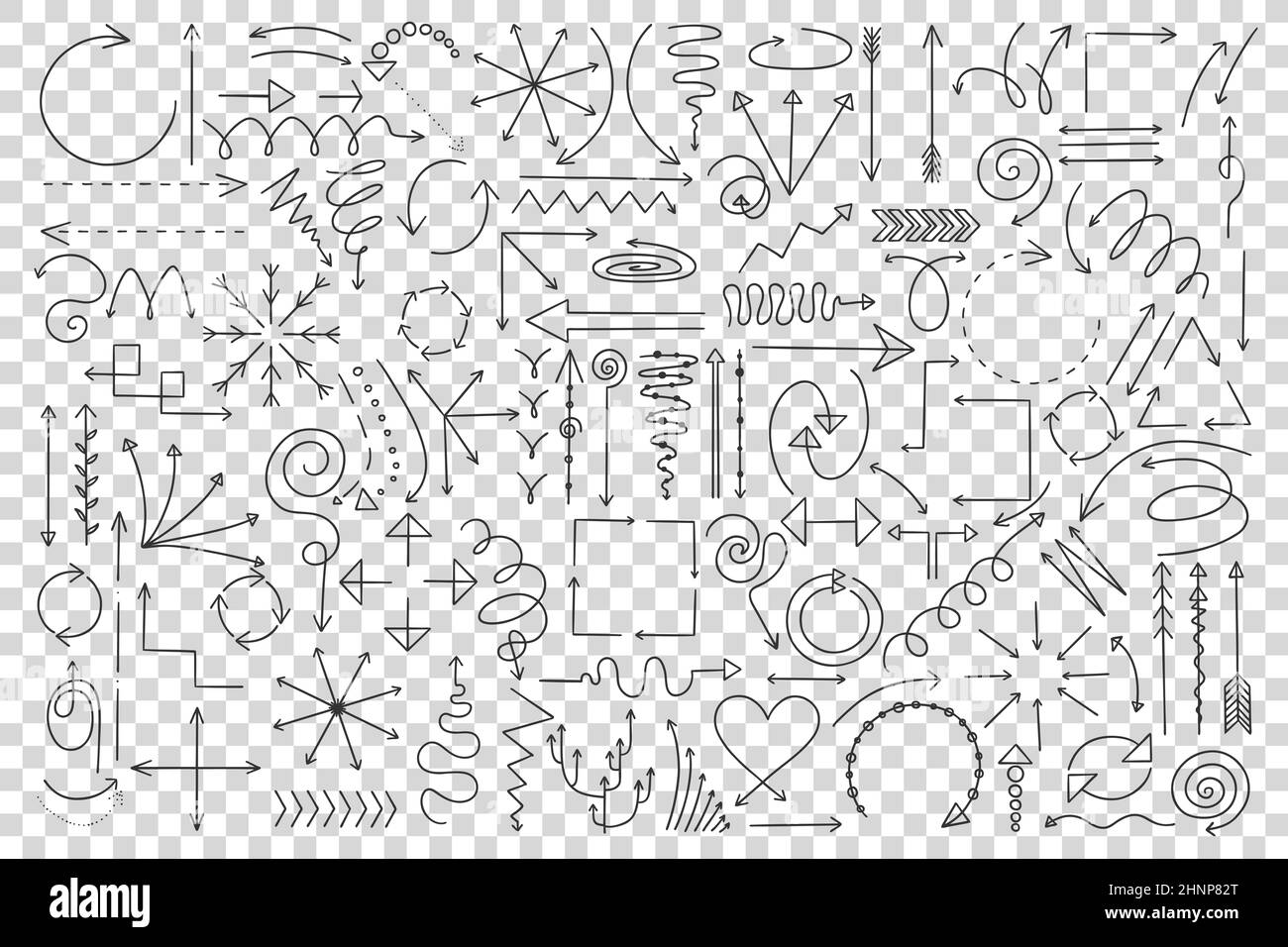 Arrows doodle set. Collection of hand drawn curved scattered sketches ...