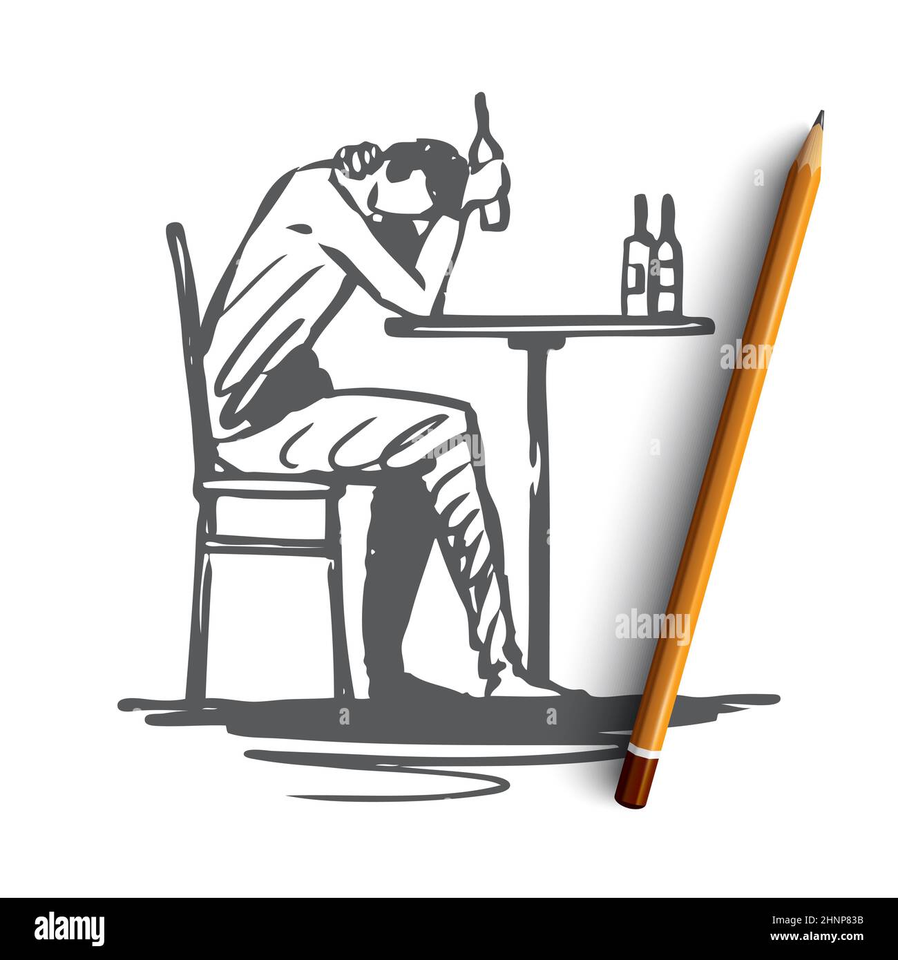 Depression, alcohol, problem, bottle, drink concept. Hand drawn man in ...