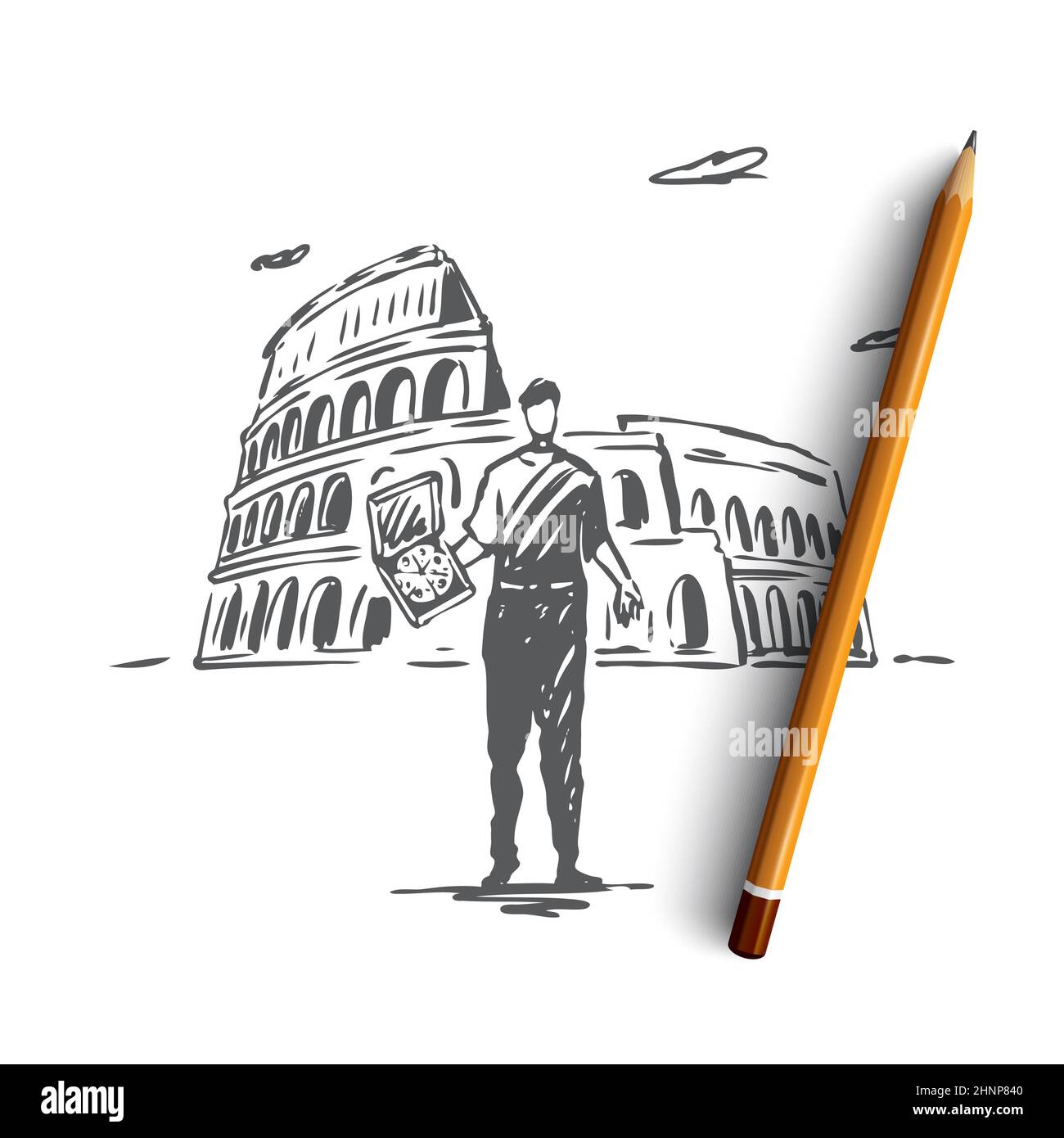 Italy, country, pizza, Colosseum, Rome concept. Hand drawn Italian man ...