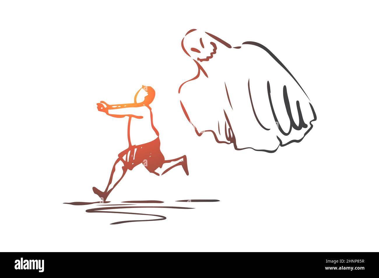 Ghost, monster, boy, fear, scary concept. Hand drawn boy runs from ...