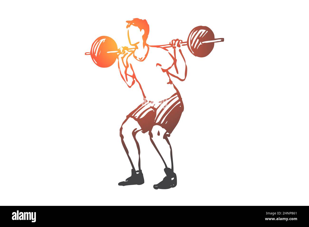 Body, fitness, gym, sport, man concept. Hand drawn man training in gym ...