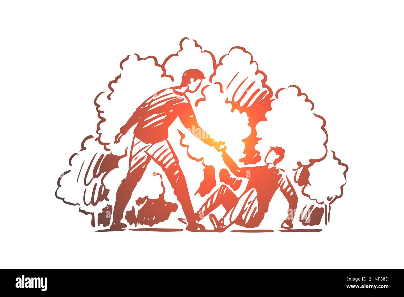 Help, fall, man, accident, people concept. Hand drawn man helps person ...
