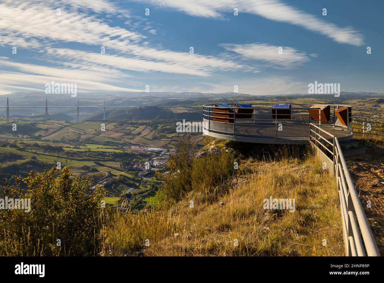 Look-out with Millau Viaduct across gorge valley of Tarn River, Aveyron ...