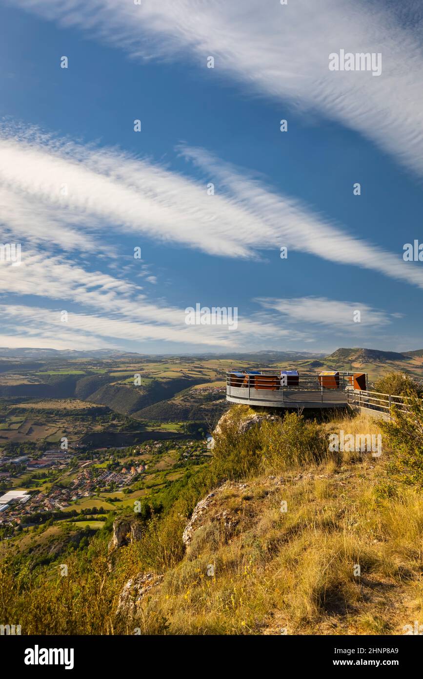 Look-out with Millau Viaduct across gorge valley of Tarn River, Aveyron ...