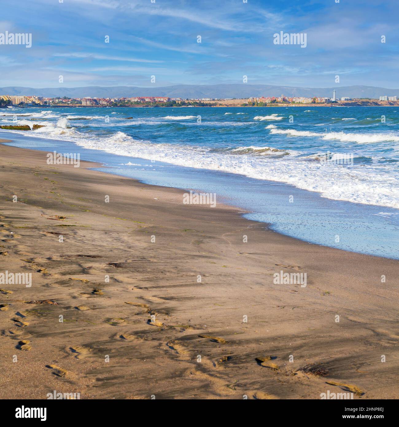 Sandy beach on the spit between Pomorie and Aheloy, Bulgaria Stock ...