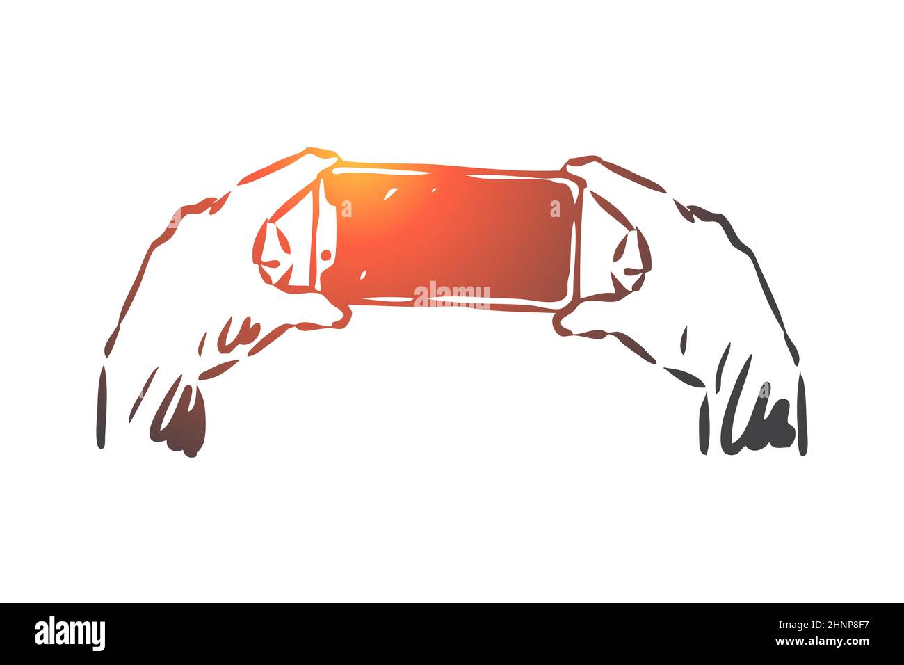 Smartphone, screen, hands, photo, technology concept. Hand drawn person ...