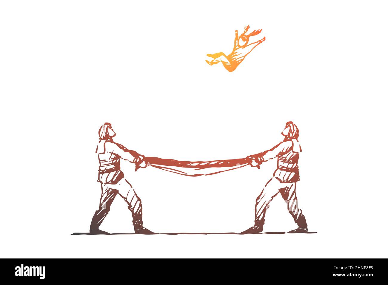 Firefighter, catch, rescue, danger, safe concept. Hand drawn ...