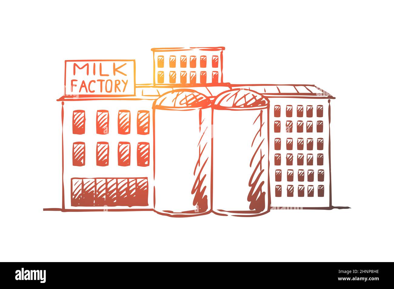 Milk, factory, plant, production, industry concept. Hand drawn ...