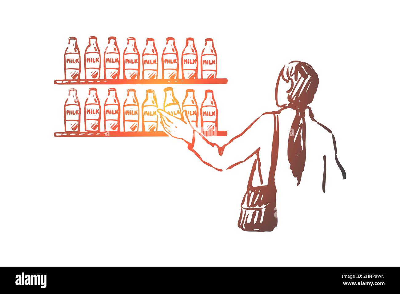 Milk, shop, customer, store bottle concept. Hand drawn fresh milk on ...