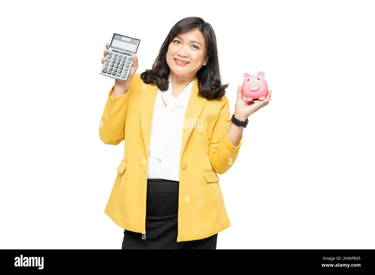 Business asian lady people in yellow suit holding calculator and piggy ...