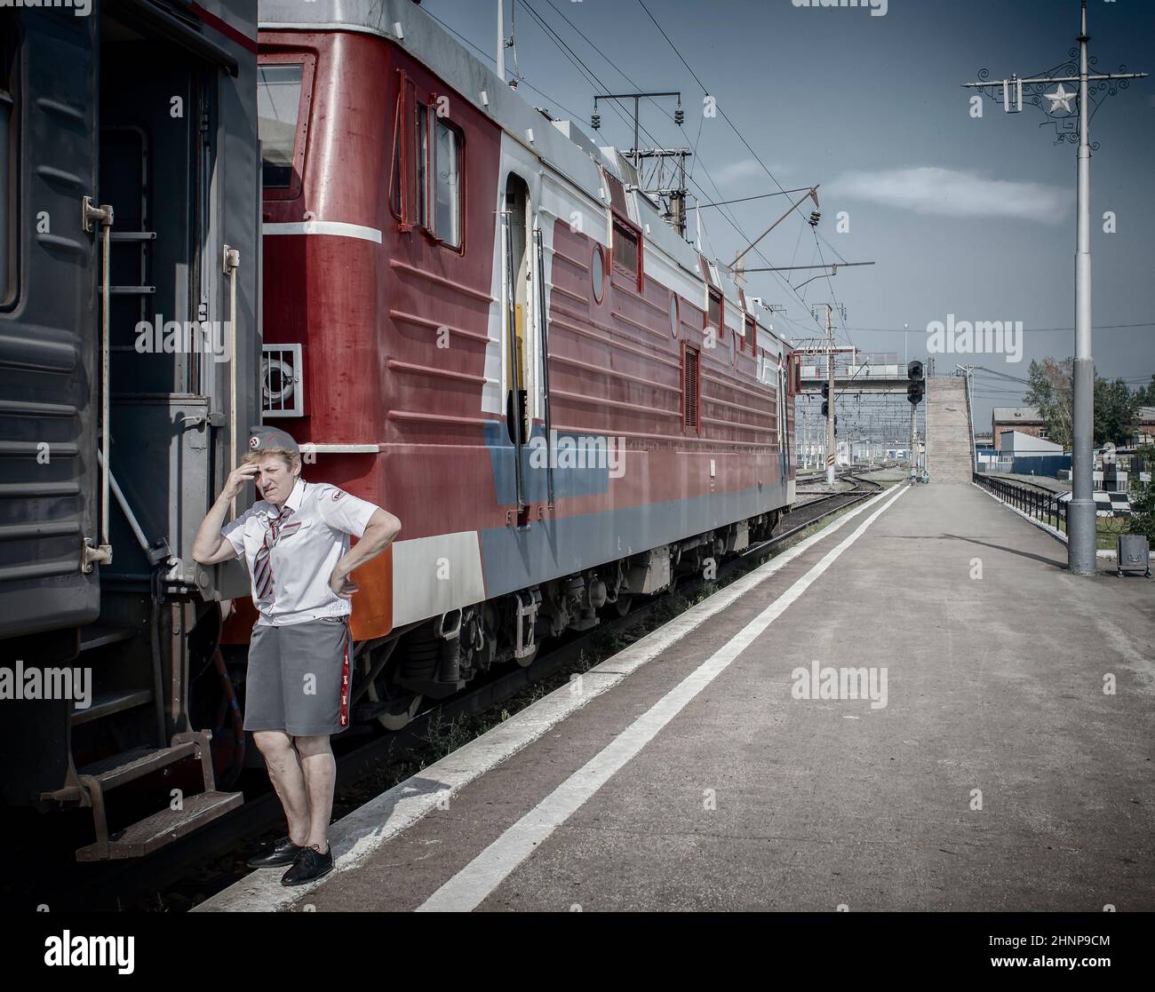 29th of July 2018, Russia, train conductor portrait by the train Stock ...