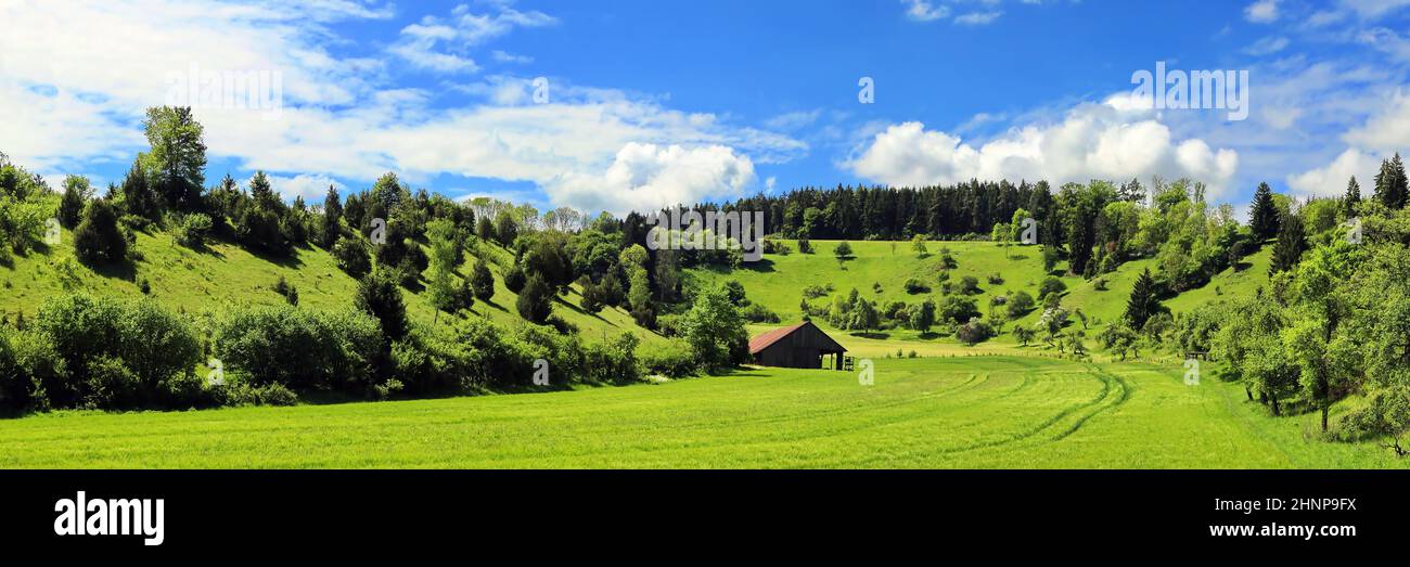 Fields and meadows are enclosed by hills covered with trees Stock Photo ...