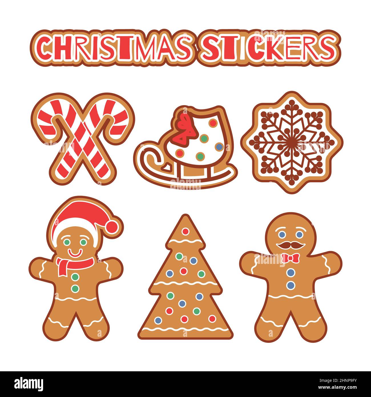 Christmas Gingerbread cookie sticker set. Traditional colorful cookies ...