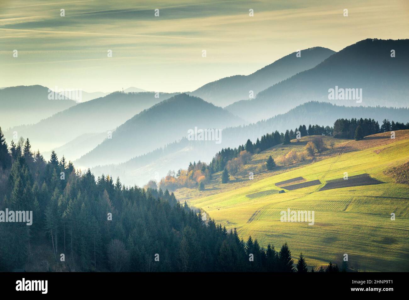 Landscape with mountains at sunrise. Mala Fatra National Park, not far ...