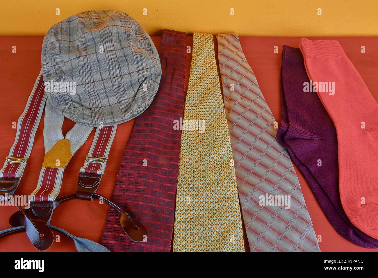 Man garments. Clothing concept for men. Colorful socks, ties, braces ...