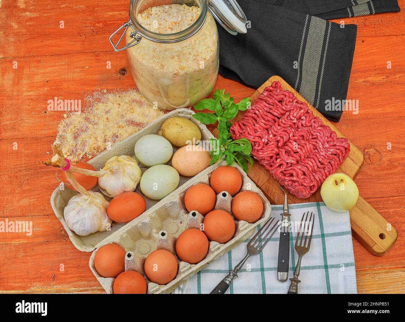 Minced meat, eggs, garlics and onion. Mixed minced meat ready to making ...