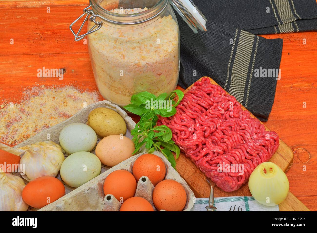 Minced meat, eggs, garlics and onion. Mixed minced meat ready to making ...