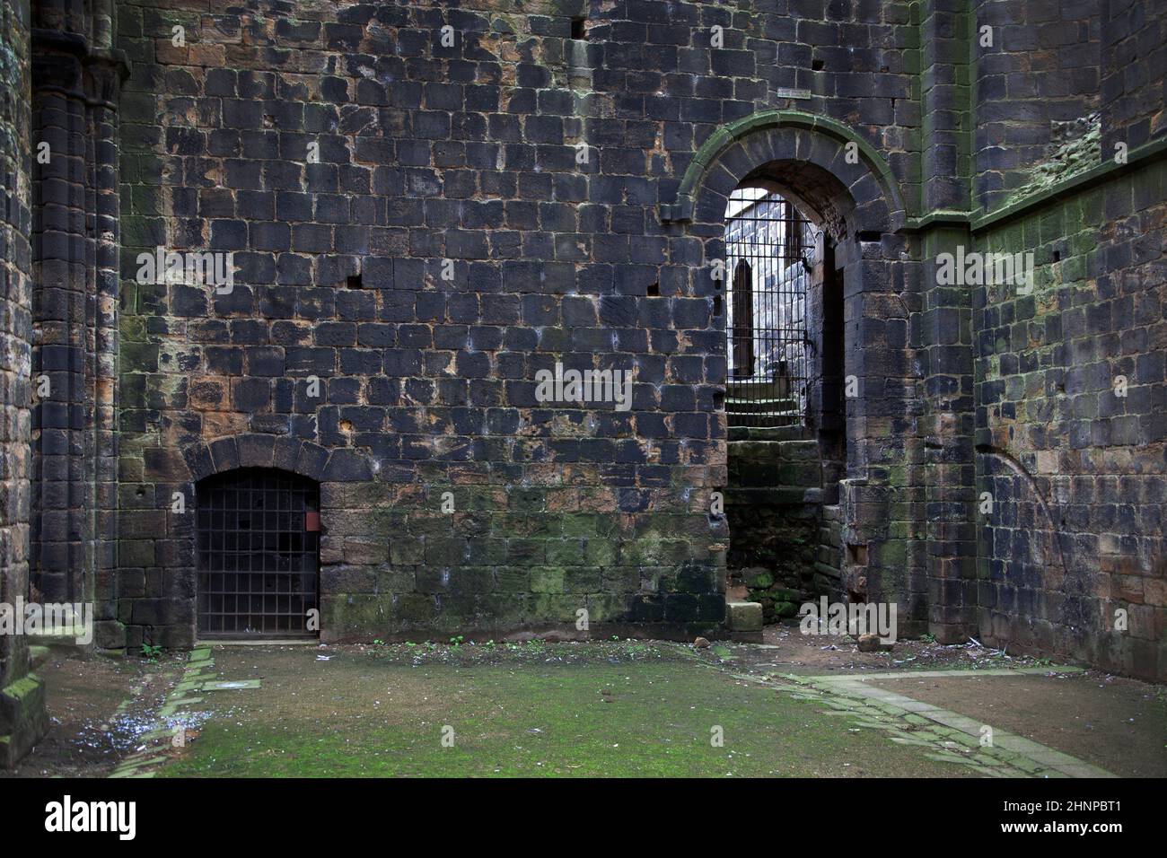 Dark mossy stone gothic building chamber horror Stock Photo - Alamy