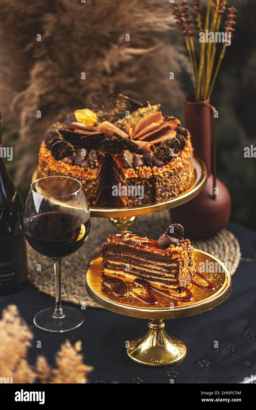 Dobos cake on a stand Stock Photo - Alamy