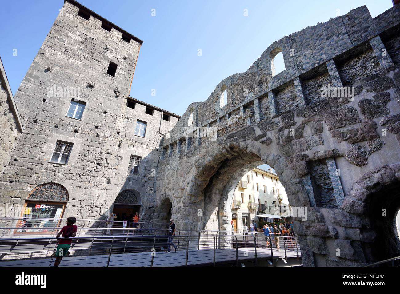 AOSTA, ITALY - AUGUST 20, 2021: roman ruins Porta Praetoria gate in ...