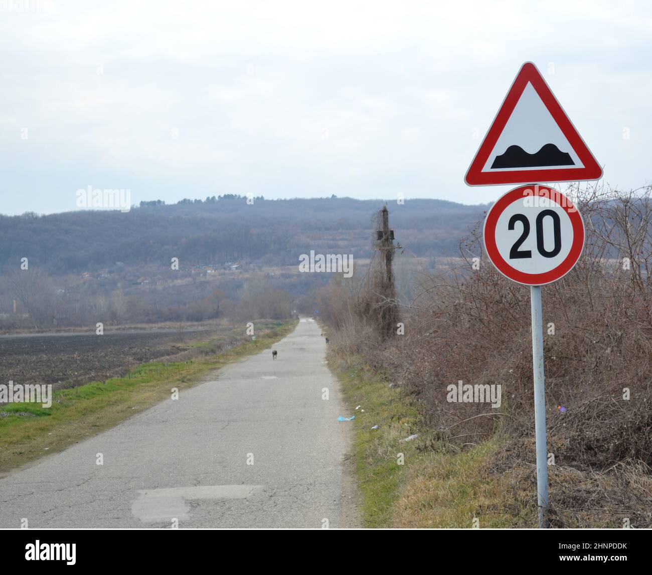 Road signs speed limitation 20 kilometers per hour and bumps on the ...