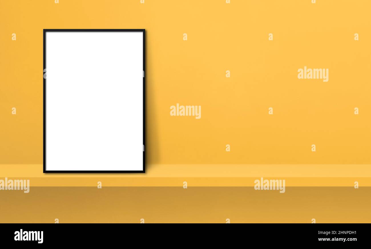Black picture frame leaning on a yellow shelf. 3d illustration. Blank ...