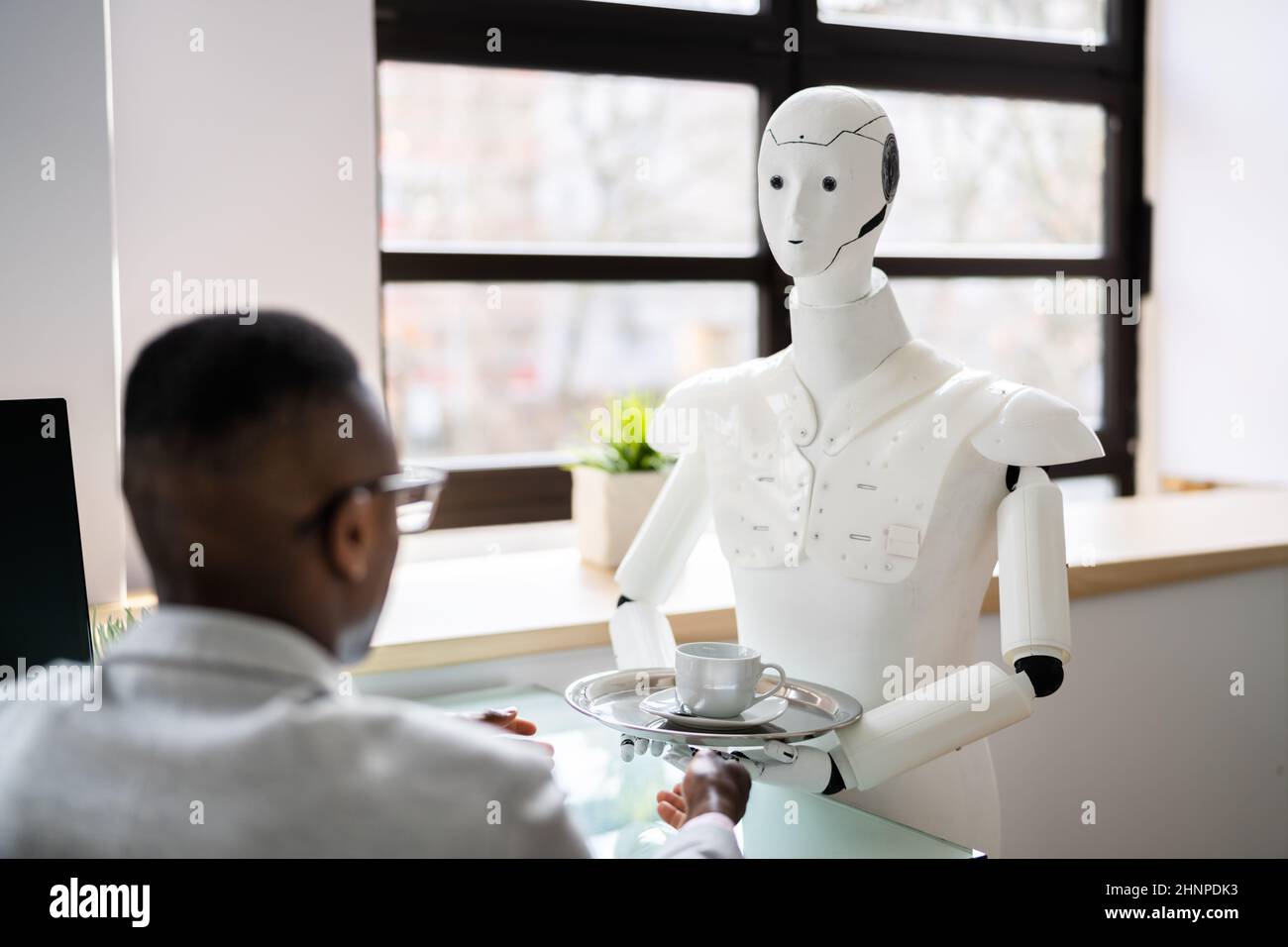 Humanoid Cyborg AI Robot Assistant Bringing Coffee To Boss In Office ...