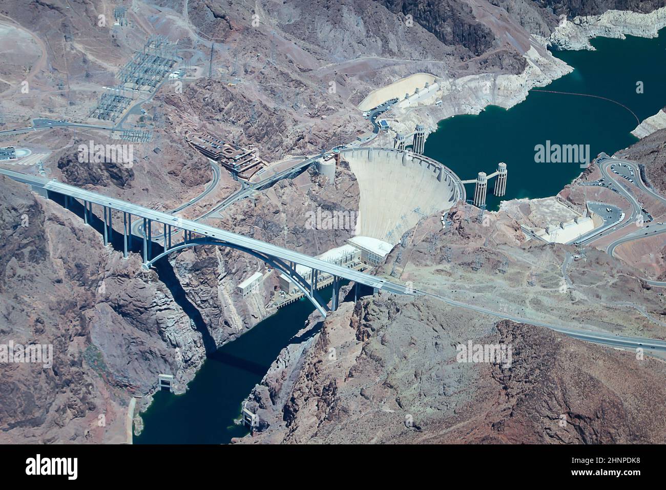 Aerial view of the Hoover Dam and the Colorado River Bridge Stock Photo ...