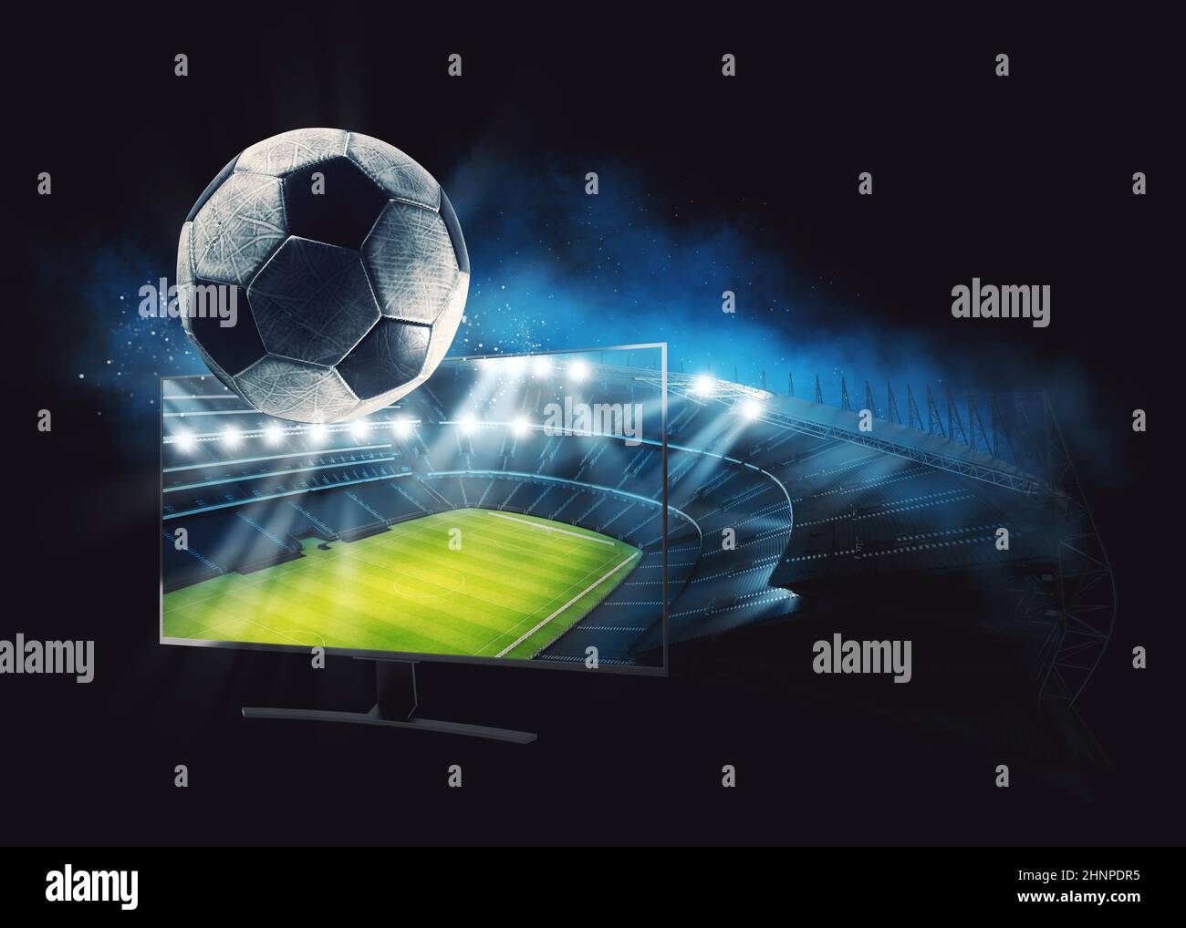 TV and ball on a soccer arena Stock Photo - Alamy