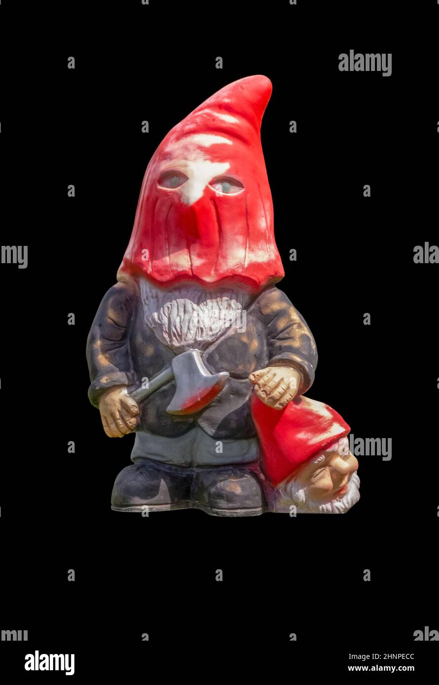 Brutal lawn gnome with axe an head isolated in black back Stock Photo ...