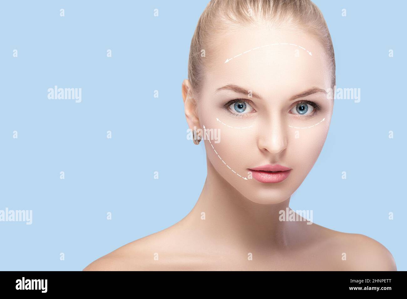 Spa portrait of attractive woman with arrows on her face Face lifting ...
