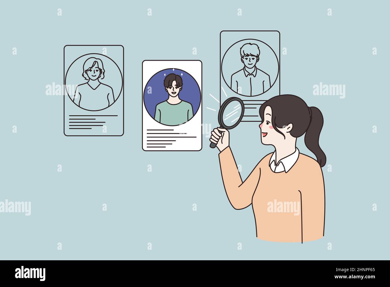 Woman with magnifier glass look at choose among job candidates after ...