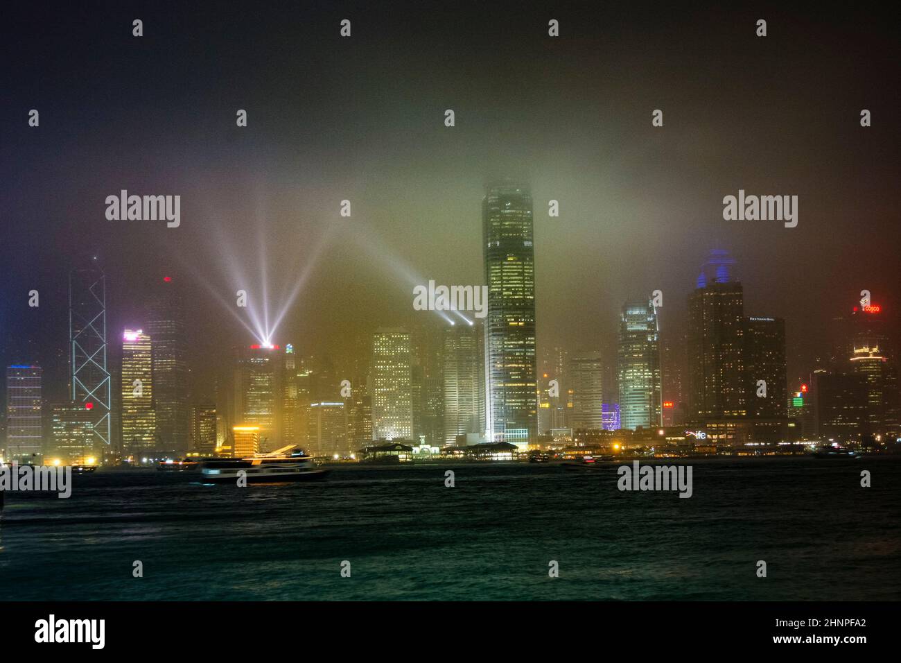 Hong Kong famous Laser harber Show seen from Kowloon harbor Stock Photo ...
