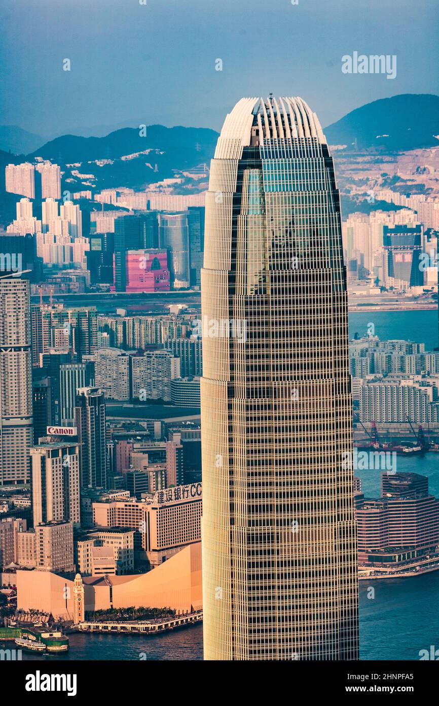 Hong Kong view from Victoria Peak to the bay and the skyscraper in ...